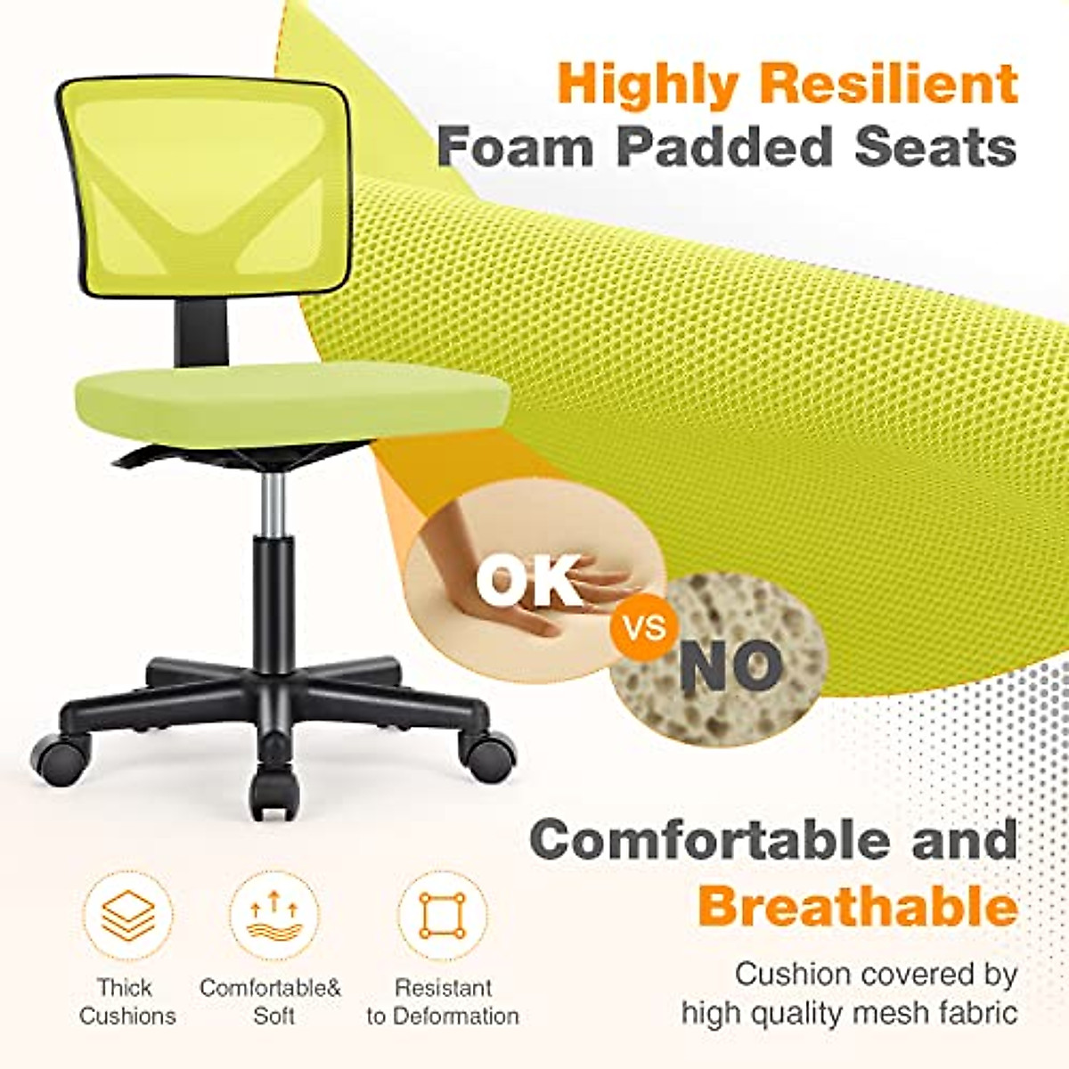 Sweetcrispy Office Computer Desk Chair, Ergonomic Low-Back Mesh Rolling Work Swivel Chairs with Wheels, Armless Comfortable Seat Lumbar Support for Home, Bedroom, Study, Student, Adults, Green