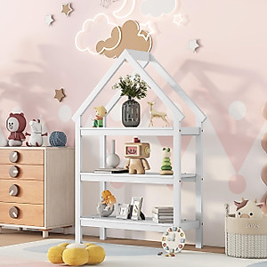 House Bed with Storage, Twin Size Montessori Floor Bed with Detachable Shelves and Hanging Rod, Wooden Floor Bed with Rails and 2 Stands for Kids Boys Girls Teens, White