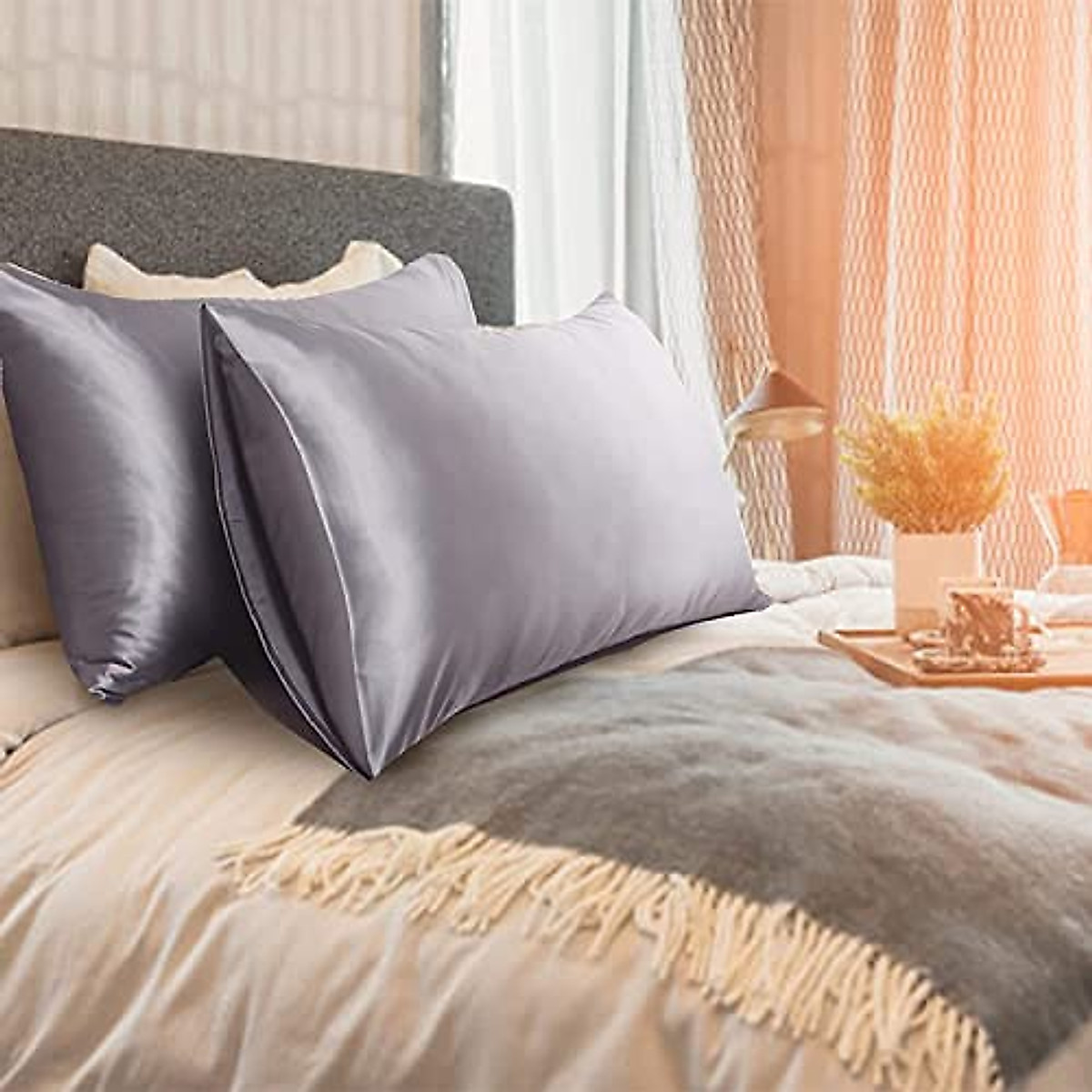 MOLIER. LU Satin Pillowcase Set of 2 Bed Pillowcases with Envelope Closure Slip Pillowcase Cover for Hair and Skin Cooling Pillowcase (20x30 Inches) Queen Deep Grey