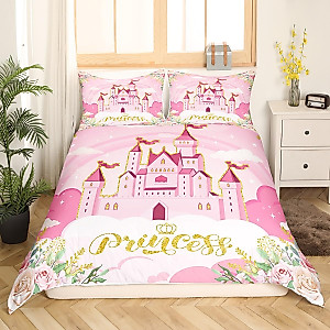 Manfei Princess Twin Bedding Sets for Girls,Pink Castle Dreamy Comforter Cover Kids Bedroom Decor,Flowers Bed Set,Fairy Tale Theme Duvet Cover Cute Blanket,Gifts for Girl,No Comforter
