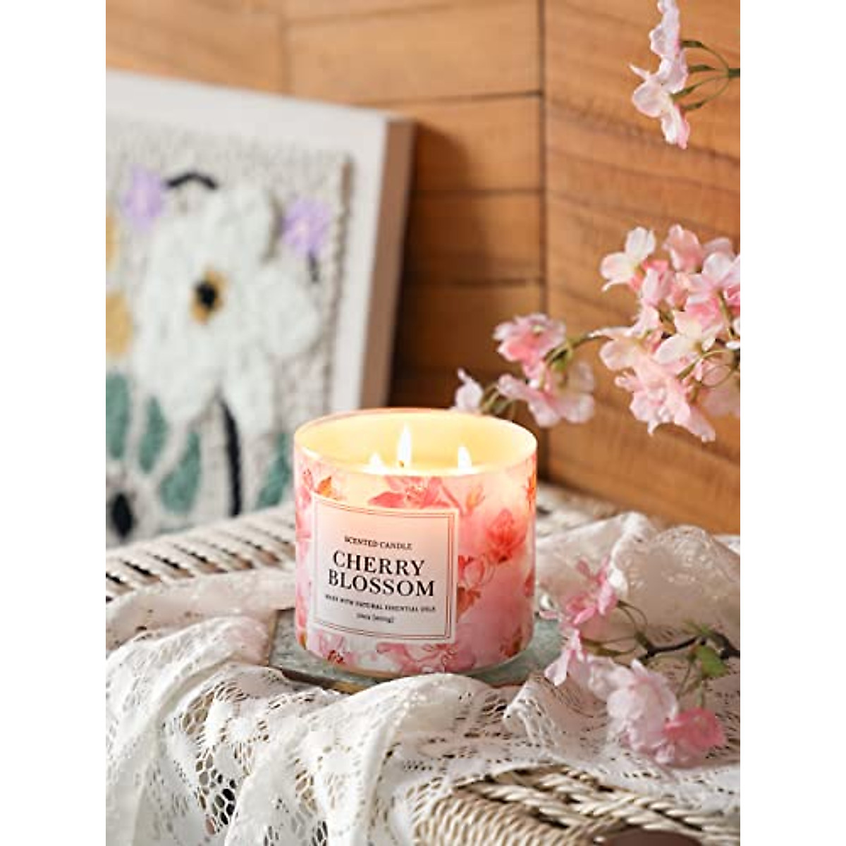 Spring Candle Cherry Blossom Scented Candle 3 Wicks Large Jar, 14 oz