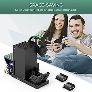 FASTSNAIL Vertical Stand Cooling Fan for Xbox Series X with 2 Pack 1400mAh Rechargeable Batteries, Charging Station for Xbox Series X/S Controller with Game Slot and Headset Stand-Not for Xbox One S/X