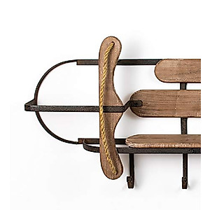 MY SWANKY HOME Sleigh Sled Shaped Wood Wall Shelf Metal Frame 4 Hook Coat Entryway Kitchen