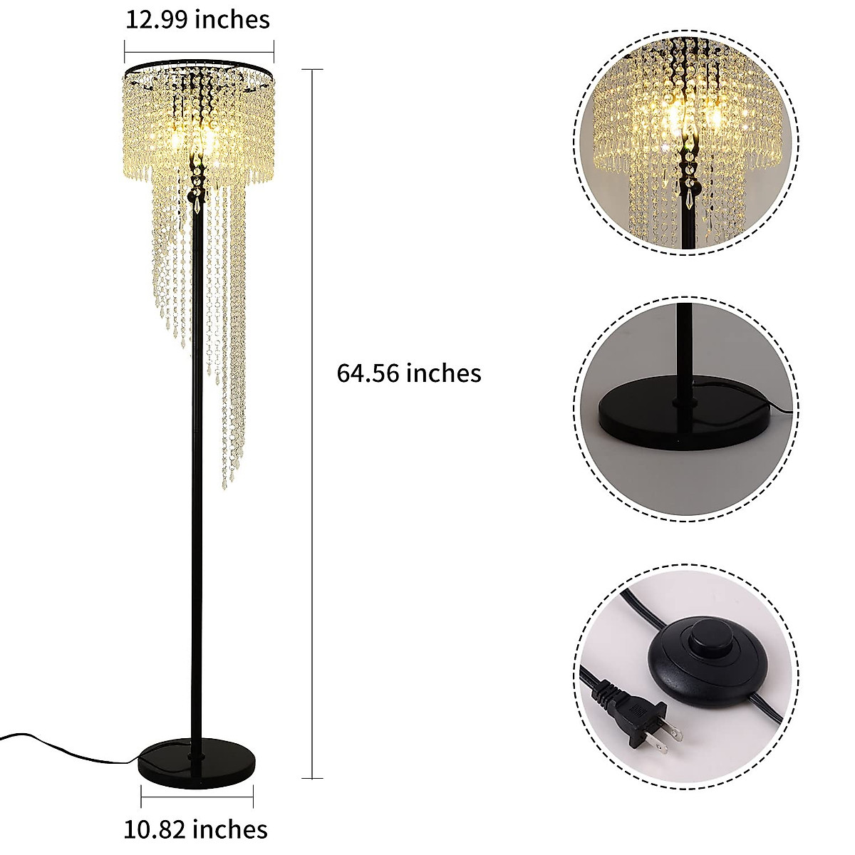 Hsyile KU300270 Mini Modern Elegance Crystal Floor Lamp for Living Room,Bedroom,Office - Standing Tall Pole Lamp - Classic Black - 3 Lights