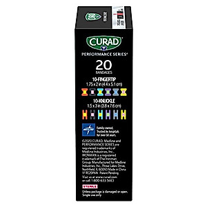 Curad Performance Series Ironman Fingertip and Knuckle Antibacterial Bandages, Extreme Hold Adhesive Technology, Fabric Bandages, 20 Count