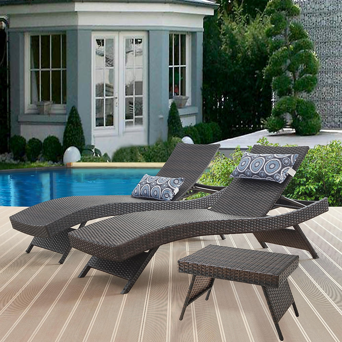 PE Rattan Chaise Lawn Sunbathing Chairs with End Table, 79'' Long Reclining Chair Set of 2, Chaise Longue Wicker Reclining Lounge Chair for Patio, Poolside, Lawn, Garden