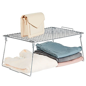 mDesign Farmhouse Metal Stackable Storage Shelf - Closet, Cabinet, Countertop 2-Tier Raised Organizer - for Bedrooms, Bathrooms, Entryways, Hallways - 12" x 17" x 8.4" - Chrome