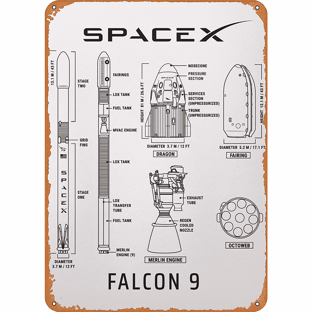 CharcasUS Metal Signs - SpaceX Falcon 9 Blueprint Poster Personalized Signs Wall Decor Great Gift For Space Fans 8 x 12 inch