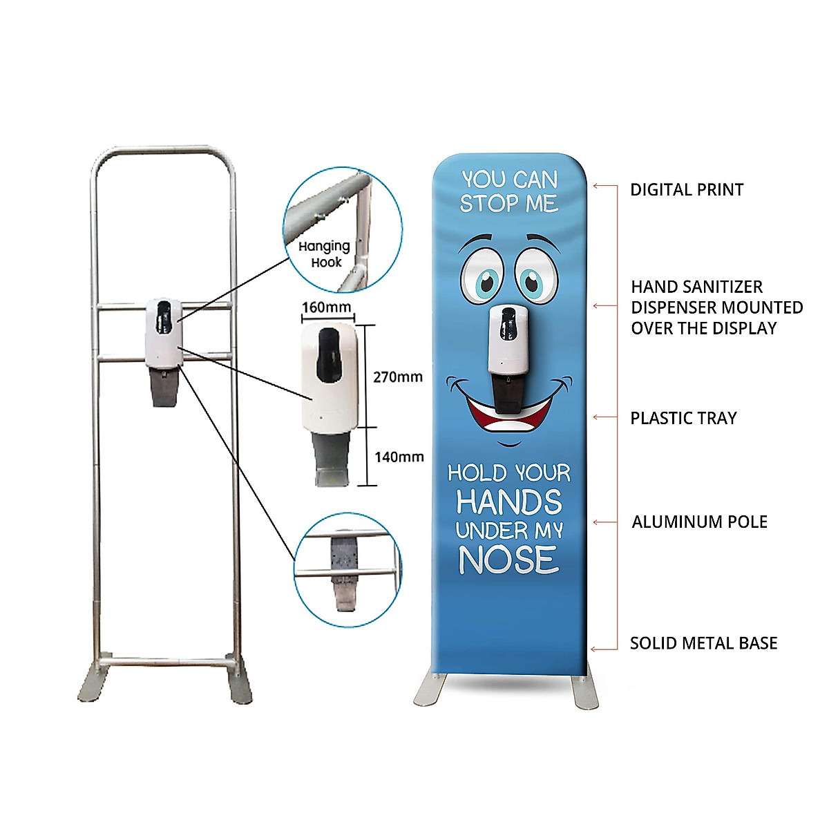 BannerBuzz Hand Sanitizer Automatic Dispenser Floor Stand Kit Touchless Machine Hold Your Hands Fabric Banner+ Stand for Hospital, Home, School, Office - 2 X 6.5 Ft (Single Side Graphic Print)