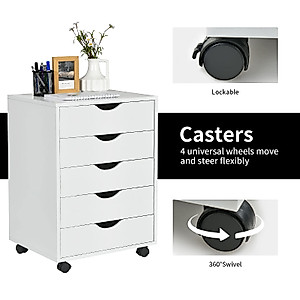 Giantex 5-Drawer Vertical File Cabinet, Mobile Office Storage Cabinet with Drawers, Large Capacity, 2 Lockable Casters and Universal Wheels, Under Desk Side Printer Stand Rolling File Cabinet (White)
