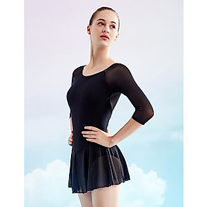 Daydance 3/4 Sleeve Black Teen Girls Ballet Leotards Skirted Dance Costumes for Ballerina