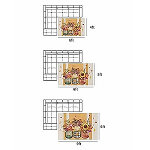 Hello Fall Outdoor Rug for Patio/Deck/Porch, Non-Slip Area Rug 6x9 Ft, Thanksgiving Pumpkin Floral Maple Leaf Yellow Beige Striped Indoor Outdoor Rugs Washable Area Rugs, Reversible Camping Rug Carpet