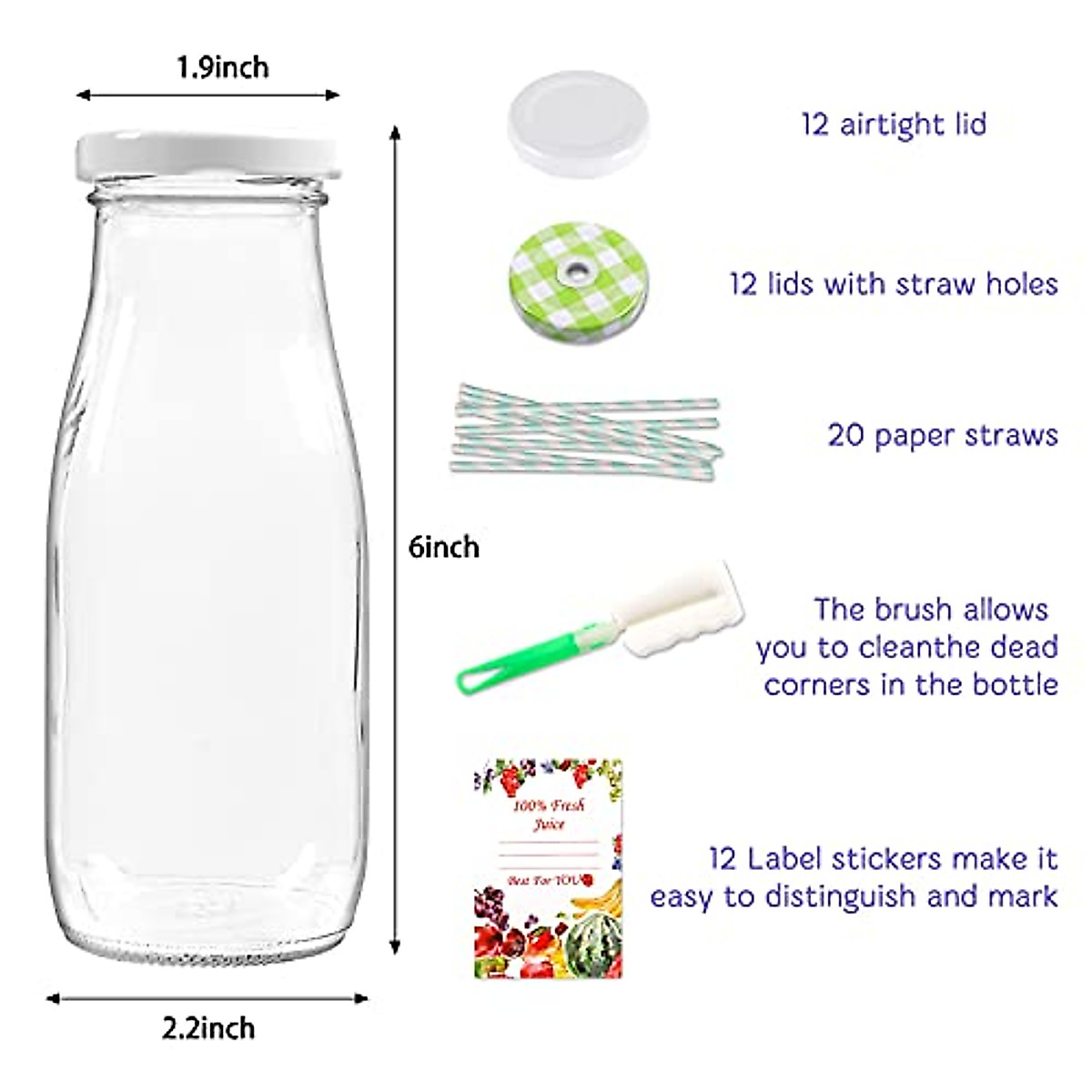 SUPERLELE 12pcs 12oz Glass Juice Bottles, Reusable Glass Bottles with Caps and Straws, Glass Bottles for Juicing, Milk, Smoothie, Drinking and Other Beverages