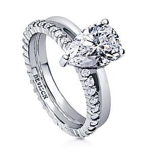 BERRICLE Sterling Silver Solitaire Wedding Engagement Rings 1.8 Carat Pear Cut Cubic Zirconia CZ Ring Set for Women, Rhodium Plated Size 7.5