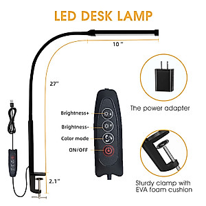 LIBORA Led Desk Lamp for Home Office, Eye-Caring Clip Lights, Architect Reading Task Clamp Lamps, 3 Modes 10 Brightness, Flexible Gooseneck, Memory Function, Black