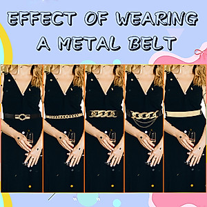 CONEHOY 5 Pcs Women Gold Metal Belts - Adjustable Metal Waist Belt - Skinny Elastic Belt - Wide Chain Strap Stretch Ladies Waistband for Dress