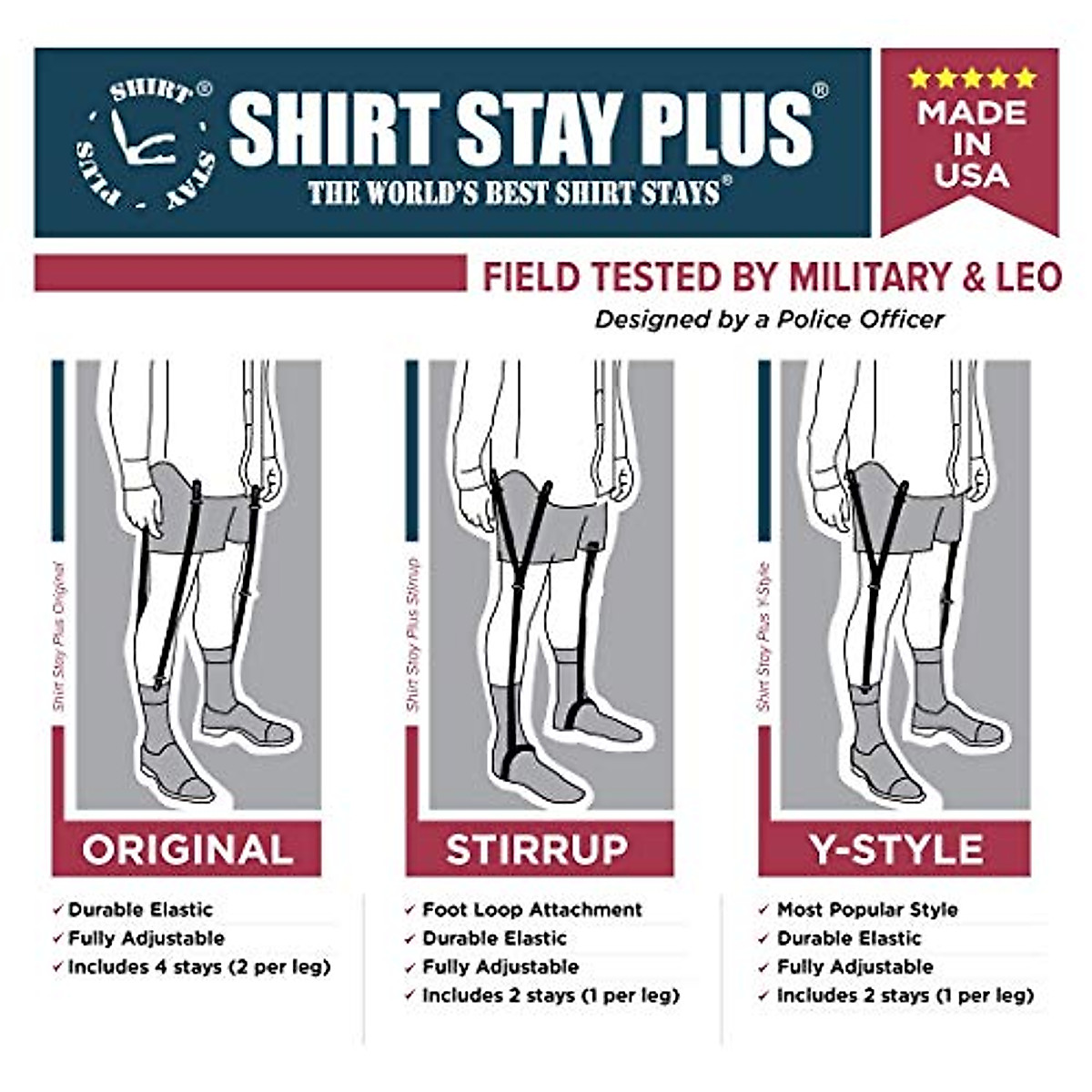 Shirt Stay Plus Shirt Stays for Men Police Military Made in The USA (Y-Style Black, Select Series) (1 Pair of Holder, Tucker, Suspenders, Garters)