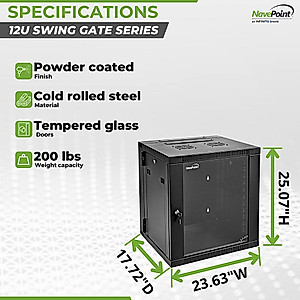 NavePoint 12U Server Cabinet with Hinged Back - 17.7” Deep, 12U Server Rack Enclosure with Locking Glass Door, Wall Mount Rack with Removable Side Panels, 12U Network Cabinet with 2 Fans, Assembled