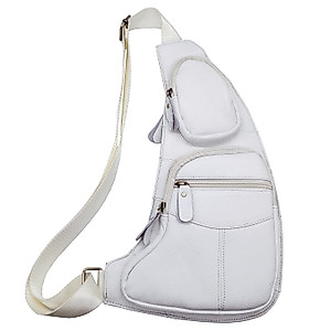 Hebetag Small Leather Sling Bag Casual Crossbody Daypack for Men Women Outdoor Travel Camping Hiking Fishing Shoulder Chest Pack Backpack (White)