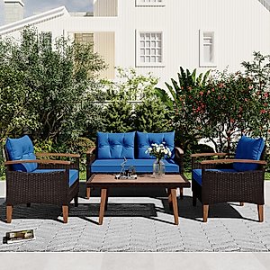 Hlcodca 4 Piece Wicker Patio Conversation Furniture Set,PE Rattan Patio Seating Set with Acacia Wood Tabletop and Legs, Outdoor Sofa Set for Balcony, Porch, Backyard (Brown and Blue/)
