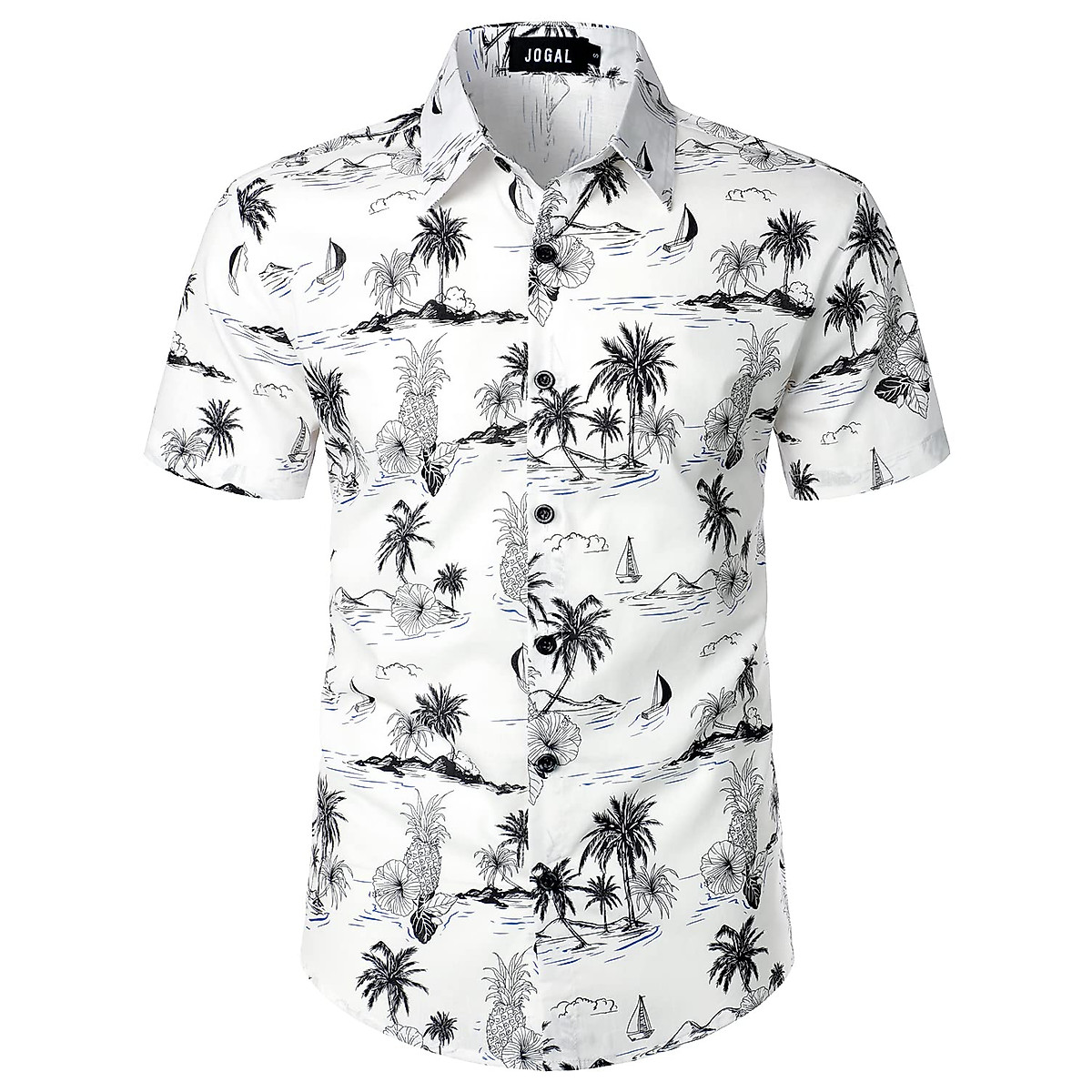 JOGAL Men's Flower Cotton Button Down Short Sleeve Hawaiian Shirt White XX-Large