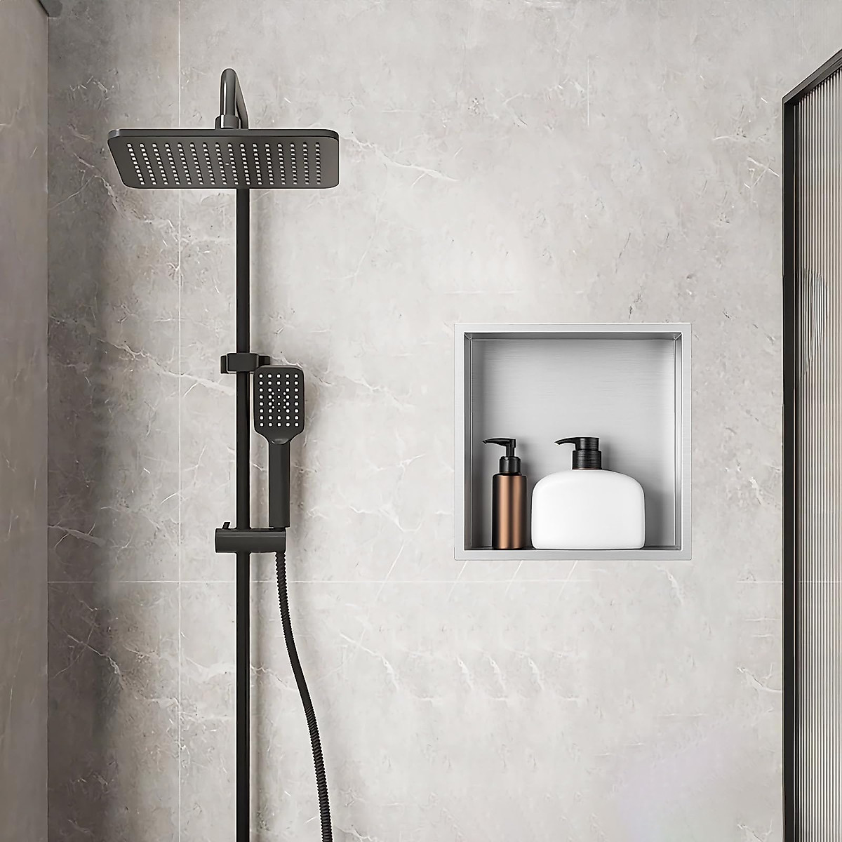 Elefloom Shower Niche, Stainless Steel Modern Bathroom Niche, No Tile Needed Recessed Shower Shelf Organizer for Storage, Stainless Steel, Silver Grey, 12"×12"