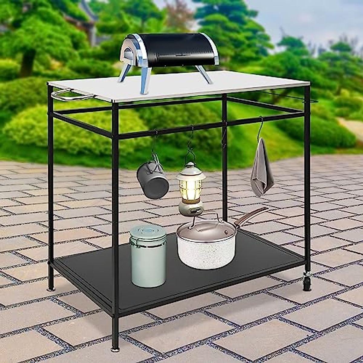 CNCEST Outdoor Grill Cart, Double-Shelf Movable Cooking Table, Outdoor Dining Cart with Storage and on Wheels, Stainless Steel Tray Kitchen BBQ Food Prep Table for Grill,Dining Cart Table-Silvery