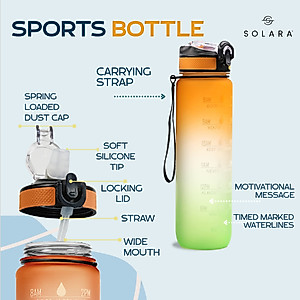 SOLARA Motivational Water Bottle with Straw, Water bottles with time to drink, 32oz water bottle BPA free, Large water bottle with straw, Large Water bottles with times to drink | Orange White Green