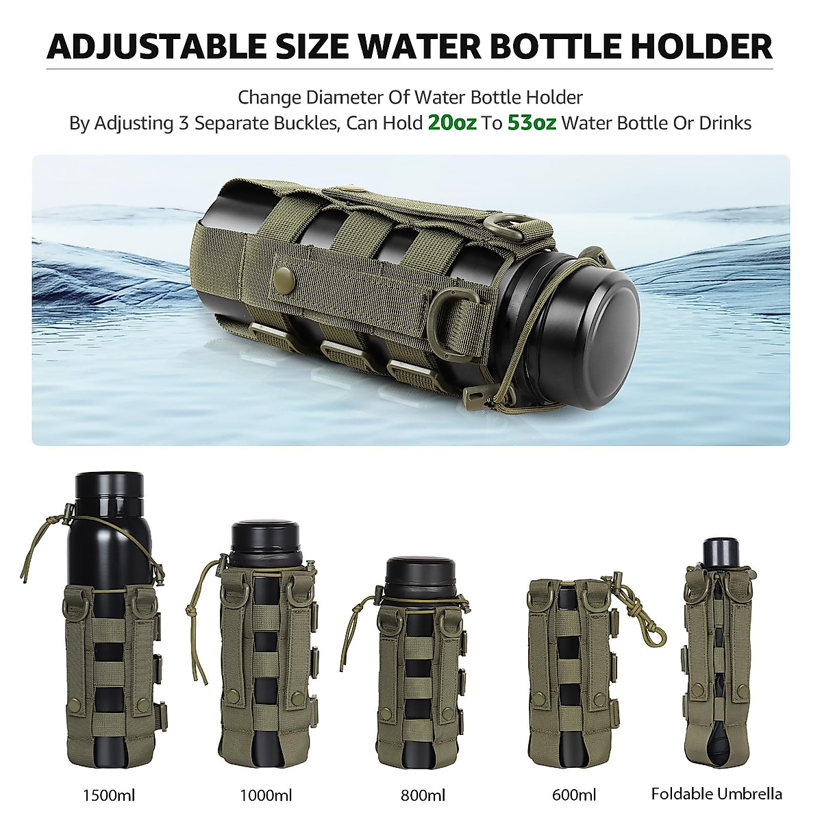 ZXXSFM Molle Pouch Water Bottle Holder for Backpack, Tactical Water Bottle Holder Use with Strap, Adjustable Straps Water Bottle Carrier Bag for 20 32 36 48 Oz Water Bottle(Green)