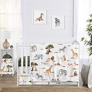 Sweet Jojo Designs Jungle Animals Baby Boy Girl Nursery 4pc Crib Bedding Set Dark Hunter Green Yellow Grey Rust Orange Black White Wildlife Safari Animal Elephant Giraffe Lion Monkey Leopard Cheetah