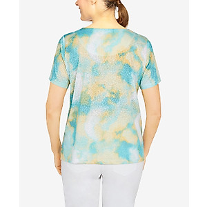 Alfred Dunner Womens Animal Tie Dye Burnout Top, Aqua/Lemon, S