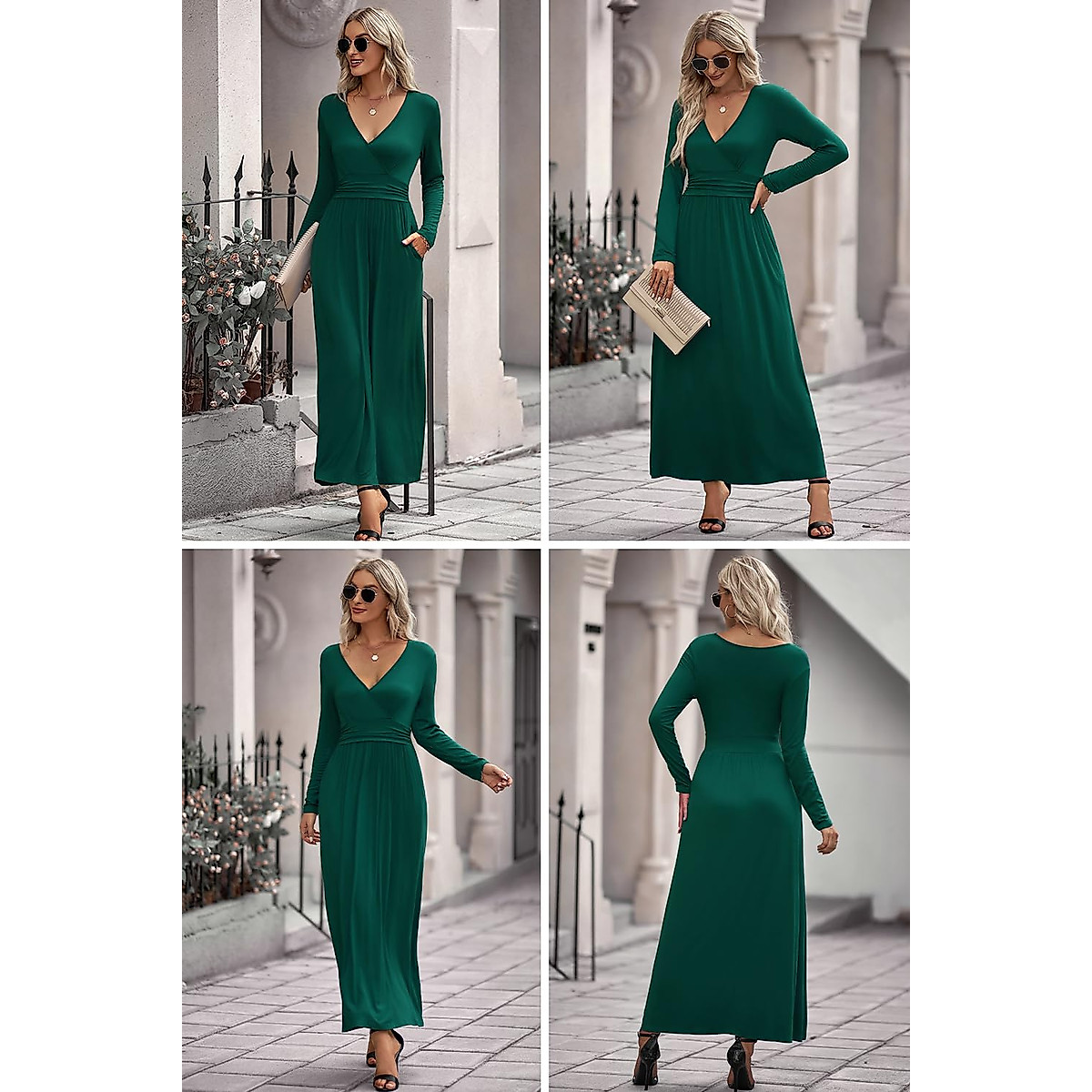 OUGES Womens Long Sleeve Green Dress V-Neck Wrap Waist Maxi Dress(Green,M)