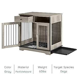 DOSSMBOLA 32'' Wooden Dog Crate Furniture for Medium Small Dogs, Dog Kennel Dog Crate with Pull-Out Tray, Storage Drawer, End Table Dog Cage - Gray