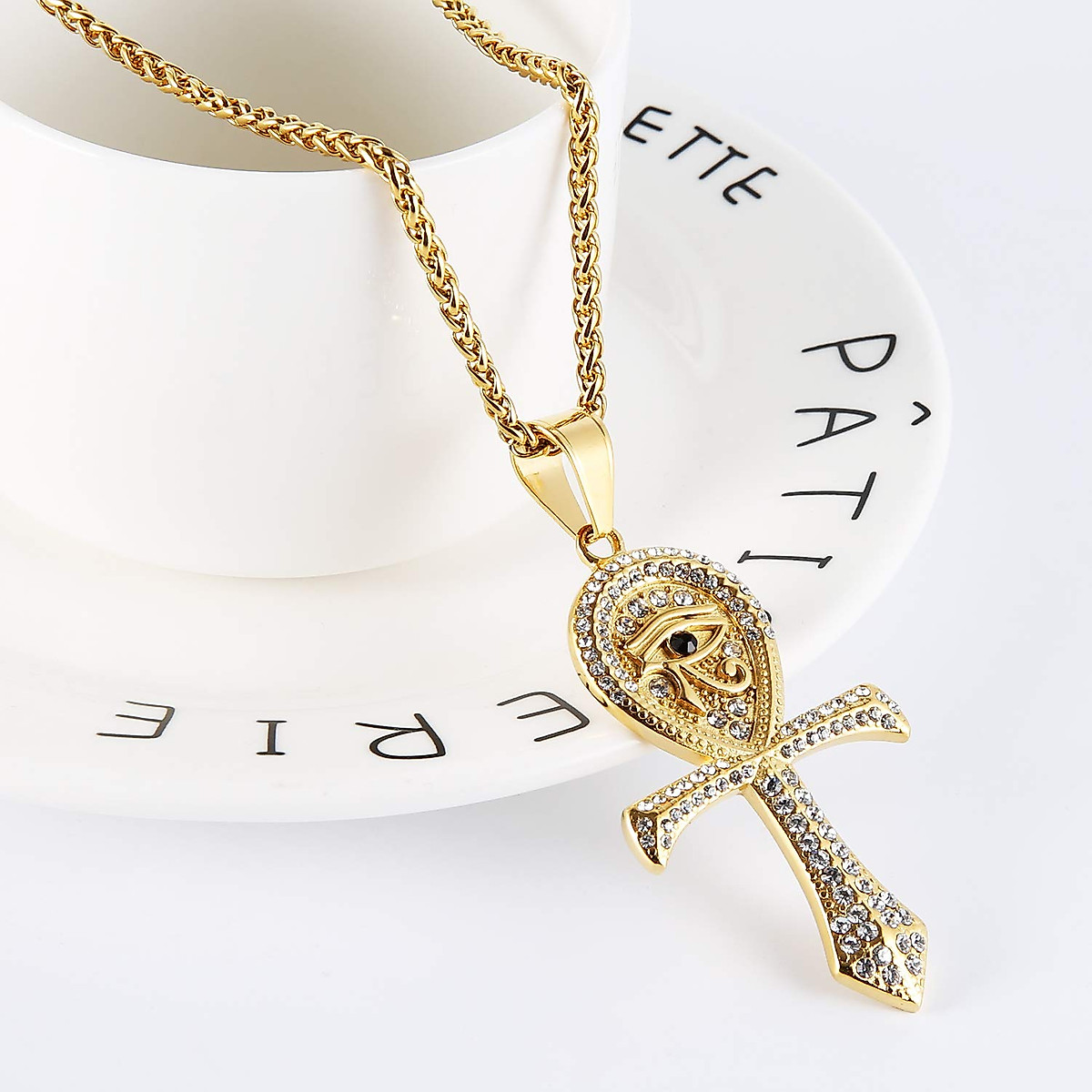 HZMAN CZ Eye of Horus Egypt Protection Pendant Coptic Ankh Cross Religious Stainless Steel Necklace (Gold)