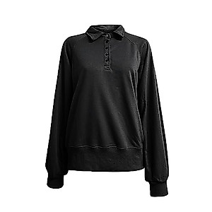 Sweatshirt for Women Turn Collar Button Lantern Sleeve Tops Trendy T Shirts for Women Loose Fit Pullover Tops Dressy Comfy Shirts Black