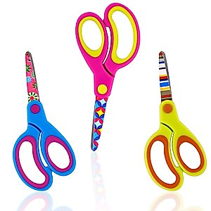 3pcs Blunt End Tip Scissors, Small Safety Children Scissors Colourful Craft Art Child Scissors Mini Toddler Scissors Kid Friendly Student Paper Edge Scissors Home School DIY Cutting Paper Supplies