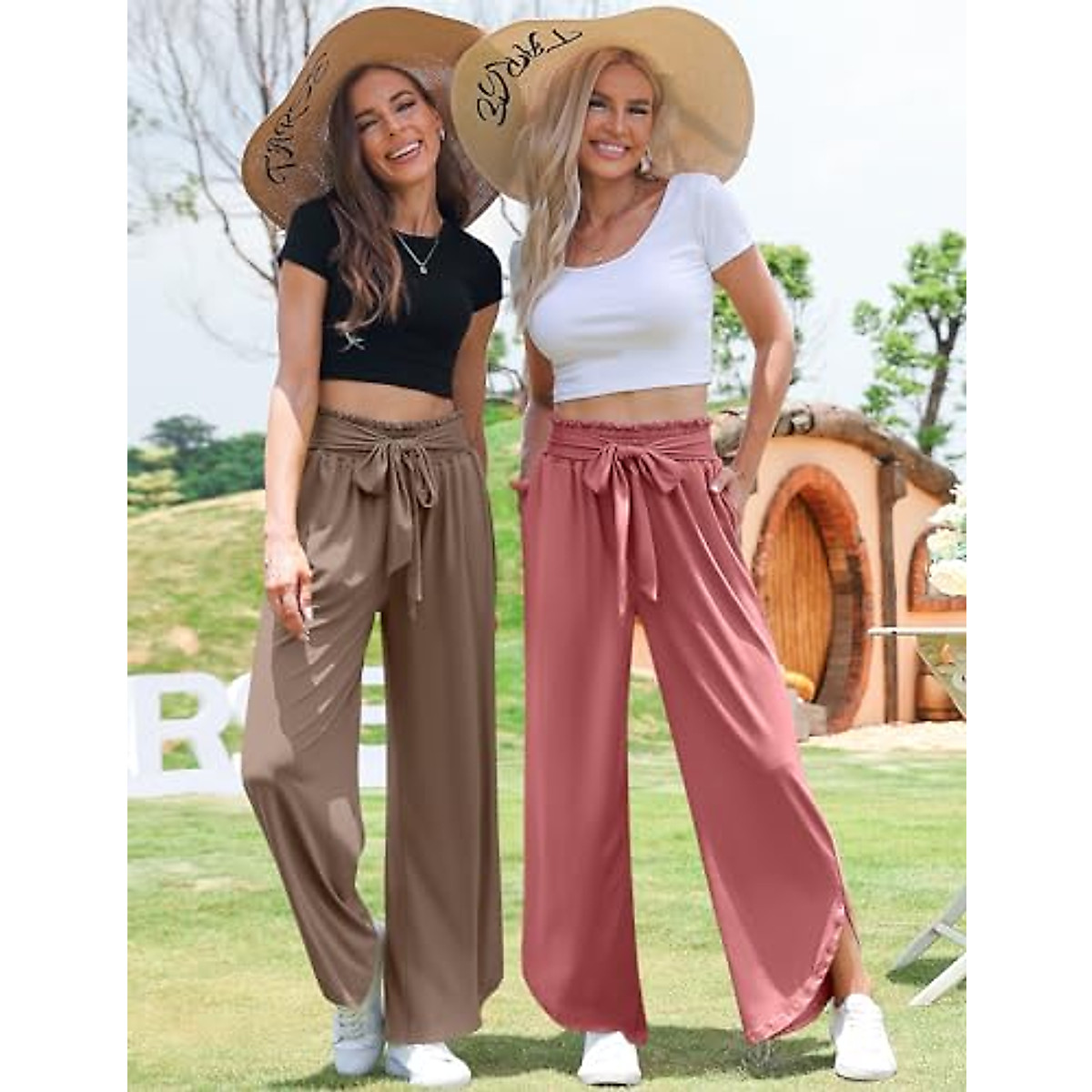 TARSE Women Tie Knot Ruffle High Waisted Yoga Pants Wide Leg Soft Sweatpants Palazzo Lounge Loose Dance Pajama Pants with Pockets Light Coffee XL