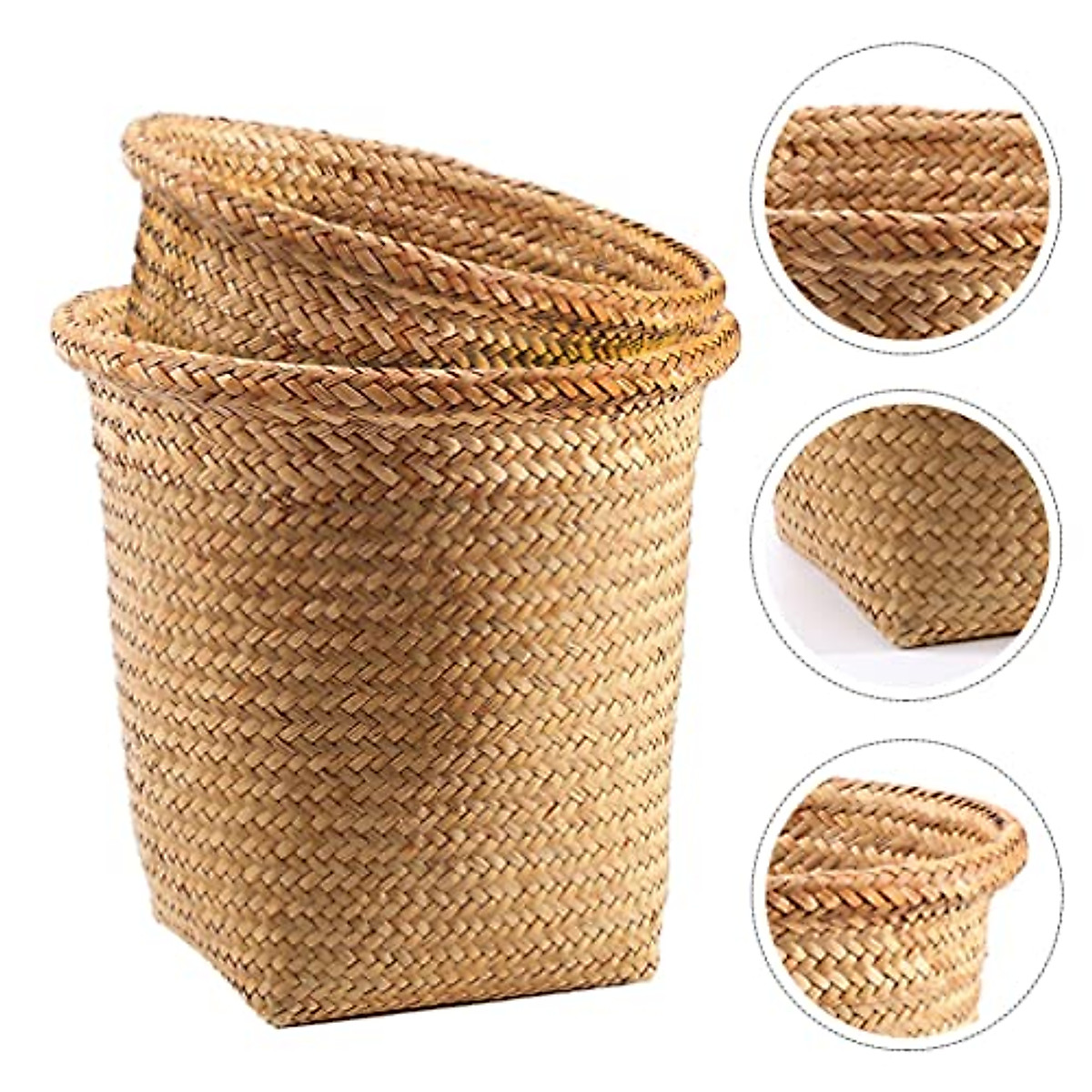 NOLITOY 2pcs Seagrass Waste Basket Woven Trash Can Wicker Waste Paper Basket Round Garbage Container Bin Rattan Laundry Basket Plant Pot for Bedroom Bathroom Kitchen Home Office