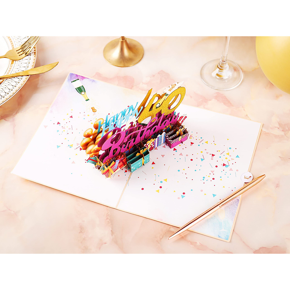 Liif Happy 40th Birthday 3D Greeting Pop Up Card, 40th Birthday Card For Women, Men, Husband, Wife, Son - Funny, Congratulations, Celebration, Balloons, Champagne | With Message Note & Envelop