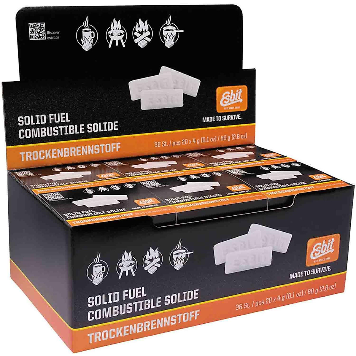 Esbit 4g Solid Fuel Tablets for Backpacking & Camping Stoves & Grills, 1300-Degree Smokeless Emergency Fire Starter Squares, 20 Pack