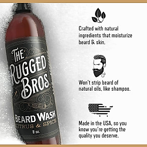 The Rugged Bros Beard Wash : for Face and Beards - Natural Shampoo Made with Organic Aloe Vera Leaf Juice - Cleanses Facial Oil and Dirt While Softening and Moisturizing (Citrus & Spice)