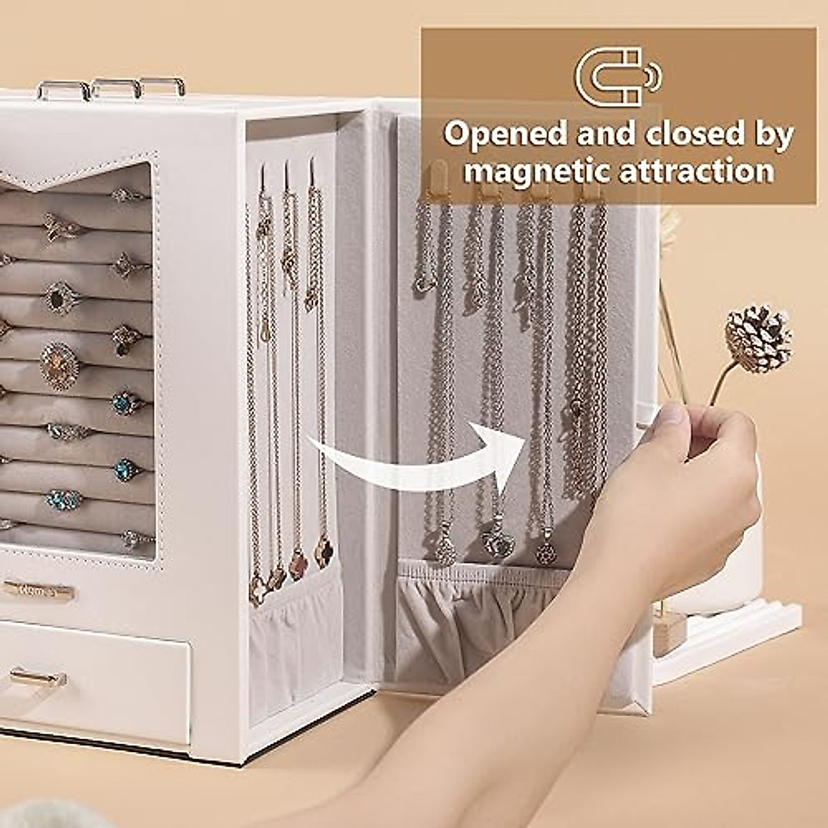 Homde Jewelry Organizer with Transparent Window Necklace Hooks Gift for Women Jewelry Box Display Case for Necklaces Rings Earrings Bracelets and Other Jewelry Accessories (White)