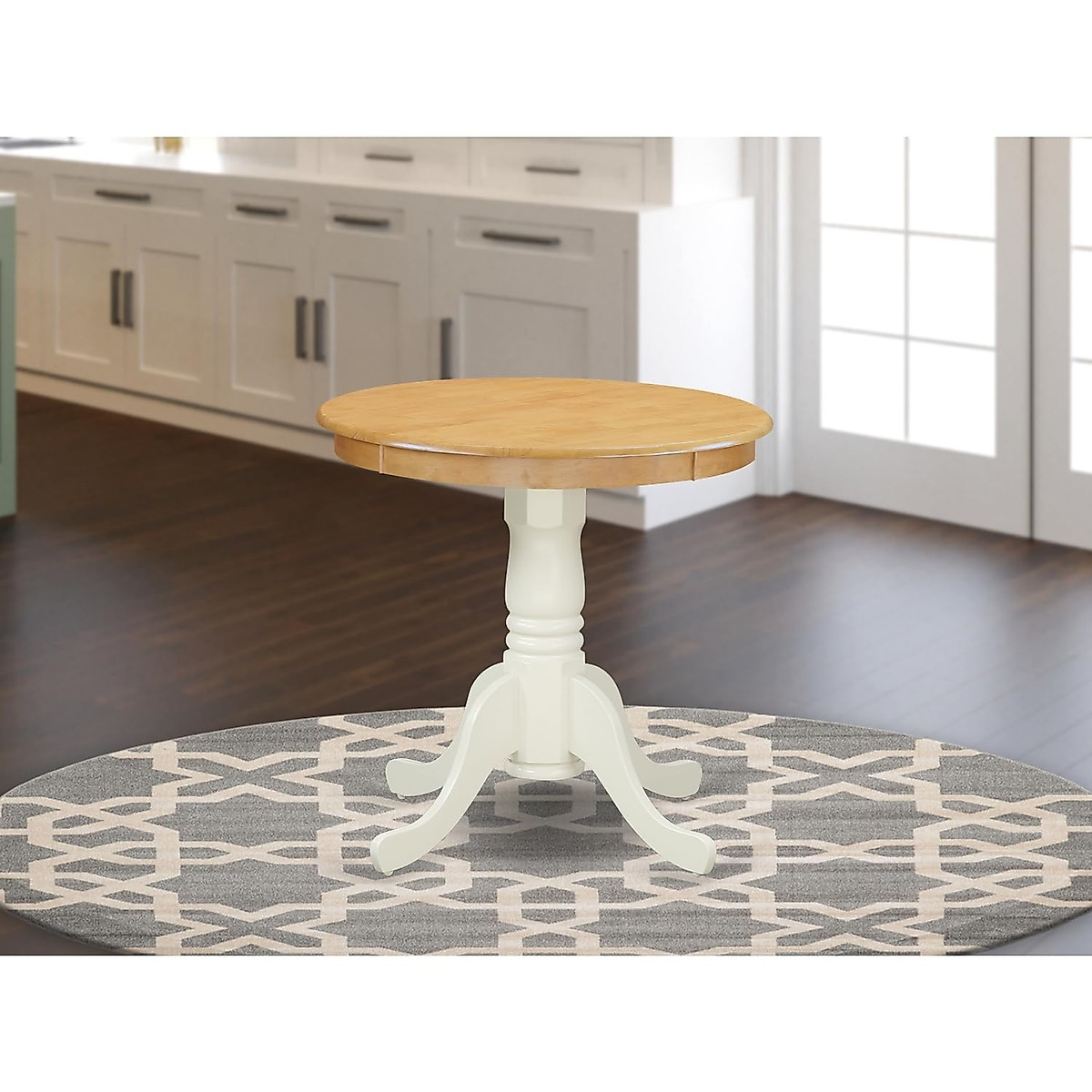 HomeStock Rustic Recluse Edan Dining Table Made of Rubber Wood Offering Oak Finish Table Top, 30 Inch Round, Linen White Finish Pedestal