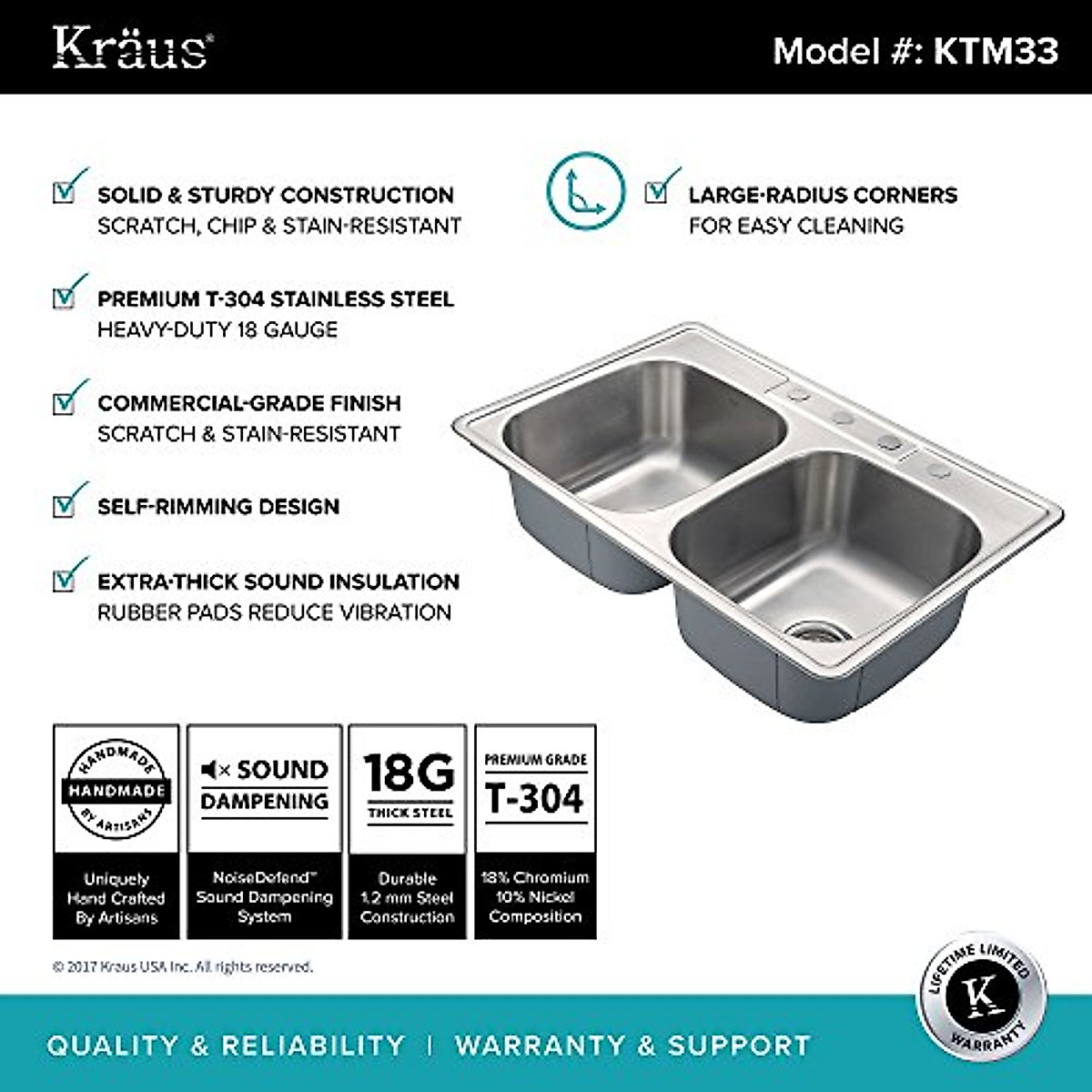 Kraus KTM33 33 inch Topmount 50/50 Double Bowl 18 gauge Stainless Steel Kitchen Sink