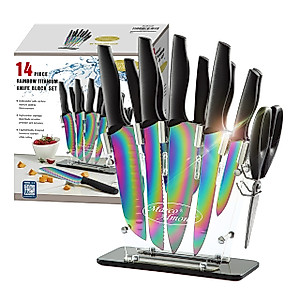 KYA35 14 PCS Rainbow Titanium Coating Cutlery Knives Block Set + Marco Almond MA63 Graters for Kitchen