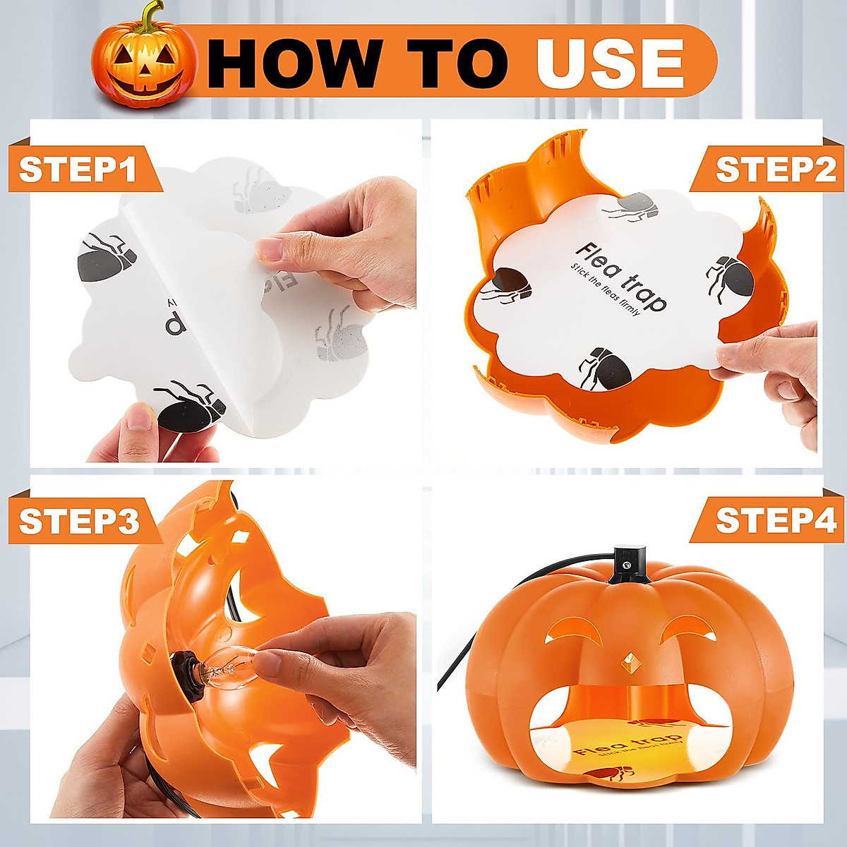Qualirey 4 Pieces Flea Traps with 8 Sticky Disc 12 Bulbs 4 Electric Wires Pumpkin Flea Traps for Inside Your Home Safe Flea Light Trap for Indoor Safe to Pets