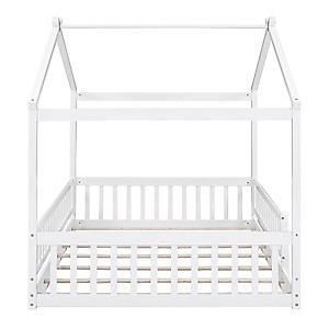 Harper & Bright Designs Full House Bed with Rails,Full Floor Bed for Kids,Full Size Montessori Bed Frame with Support Slats,Wooden Kids Full Playhouse Beds for Boys Girls(White)