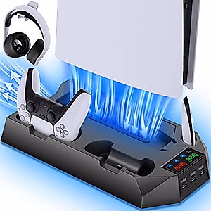 CYKOARMOR PS5 Stand with Cooling Station and Dual Controller Charging Station for PS5 Digital Edition, PS5 Disc Version, PS5 Cooling Fan with Headset Holder and 3 Adjustable Fan Speeds Black
