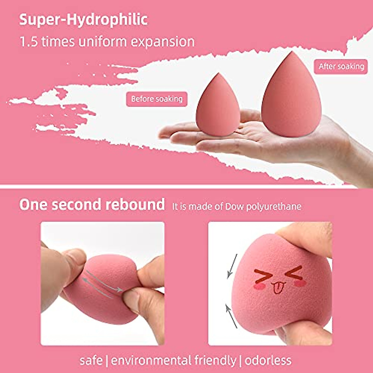 COSTICA 5 Pcs Makeup Sponge Set, Latex Free Beauty Blender, Foundation Blending Beauty Sponge with a Storage Box, Flawless for Liquid, Cream, and Powder(White Pink)