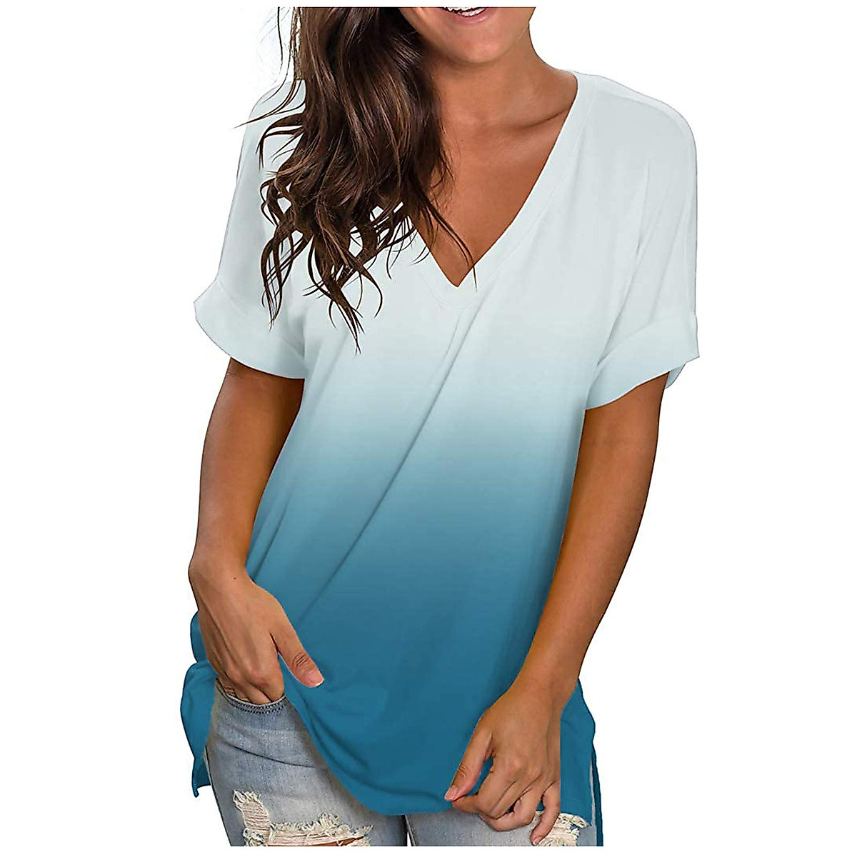 DASAYO Womens Short Sleeve Tops Shirts V Neck Gradient Color Fashion Cute Casual Tshirts Blouse Loose Summer Trendy Shirt